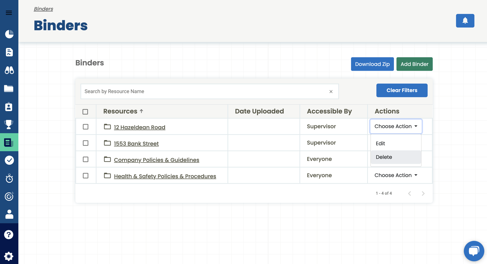 How do I delete Binders/Resources?