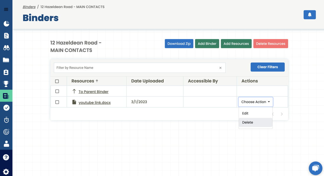 How do I delete Binders/Resources?